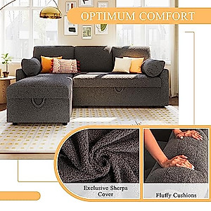 VanAcc Sofa Bed, Sleeper Sofa with Storage Chaise- 2 in 1 Pull Out Couch Sofa for Home Office, Living Room, Comfy Sofa Sleeper, Grey Boucle Couch