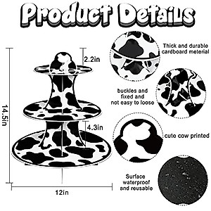 2 Set 3-Tier Farm Animal Cow Print Round Cardboard Cupcake Stand for 24 Cupcakes Perfect for Cow Boy Birthday Party Decorations Baby Shower Decor Cow Print Party Supplies