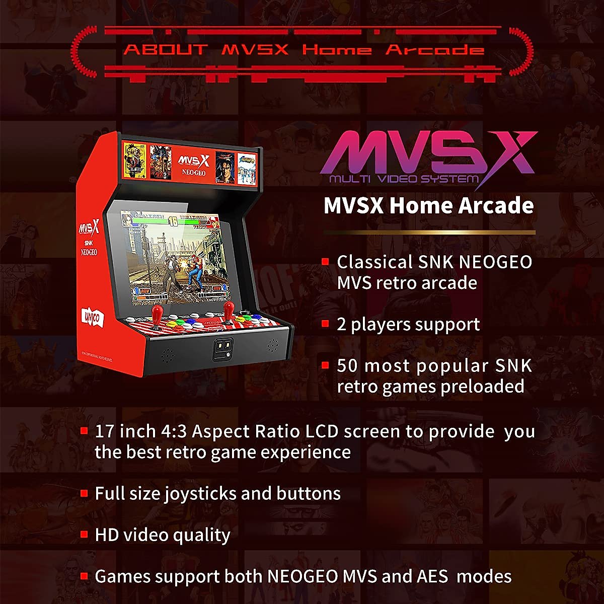 NEOGEO MVSX Arcade and Base with 50 Pre-Loaded SNK Retro Games, 17" Screen Home Entertainment Arcade