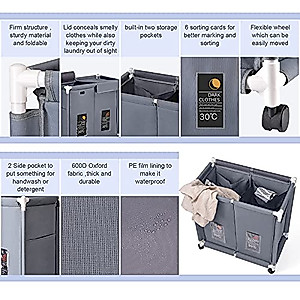 2-Tier Laundry Hamper 110L Large Oxford Clothes Basket Sorter with Rolling Wheels, Lid and Sorting Cards for Clothes & Toys Storage, Grey HG615