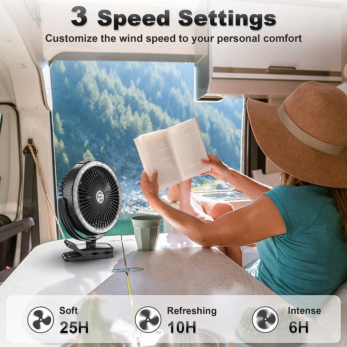 Battery Operated Fan, 10000mAh Camping Fan Battery Powered, 8'' Rechargeable Portable Desk Fan for Bedroom Office, Cordless Clip on Fan with Hook, Light for Golf Cart Outdoor Camping Tent RV Car Bed