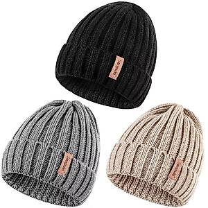 Womens Winter Knitted Beanie Hat 3PCS,Warm Knit Fashionable Caps,Womens Beanie for Fall Cold Weather Color1