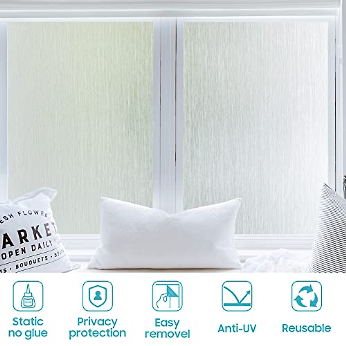 Viseeko Privacy Window Film: Frosted Glass Window Film Non-Adhesive Static Cling Window Film Sun Blocking Removable Room Decor for Bathroom Home Office (Silver Silk, 23.6 x 78.7 inches)