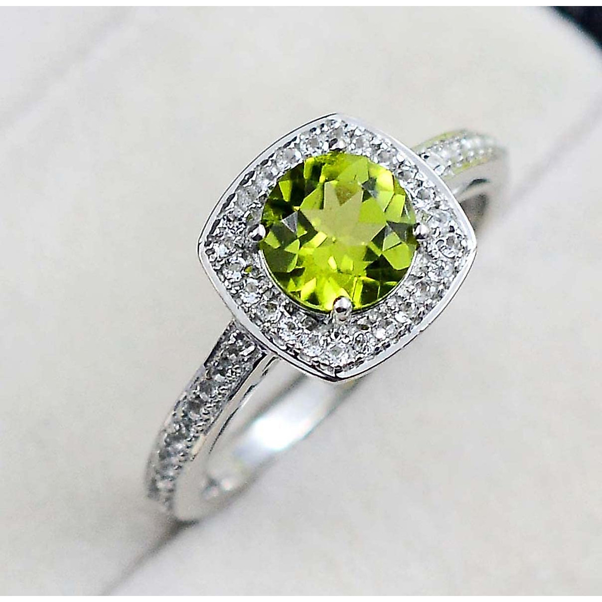 Natural Yellow Peridot 7 MM Round Cut August Birthstone Gemstone 925 Sterling Silver Solitaire Unisex Proposal Ring For Wedding Gift (Rhodium Plated Silver, 6.5)