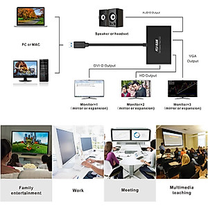 FLY KAN USB 3.0 to HDMI-DVI-VGA Video Graphics Card Adapter for Multiple Monitors-Add HDMI and DVI-D or HDMI and VGA (- Windows Only)