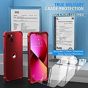 ORETECH for iPhone 13 Case, with [2 pcs Glass Screen Protector] [Camera Protection] [SGS Certified Military Grade ] 360 Shockproof Full Body Phone Case iPhone 13 Cover Slim Thin Case 6.1", Red