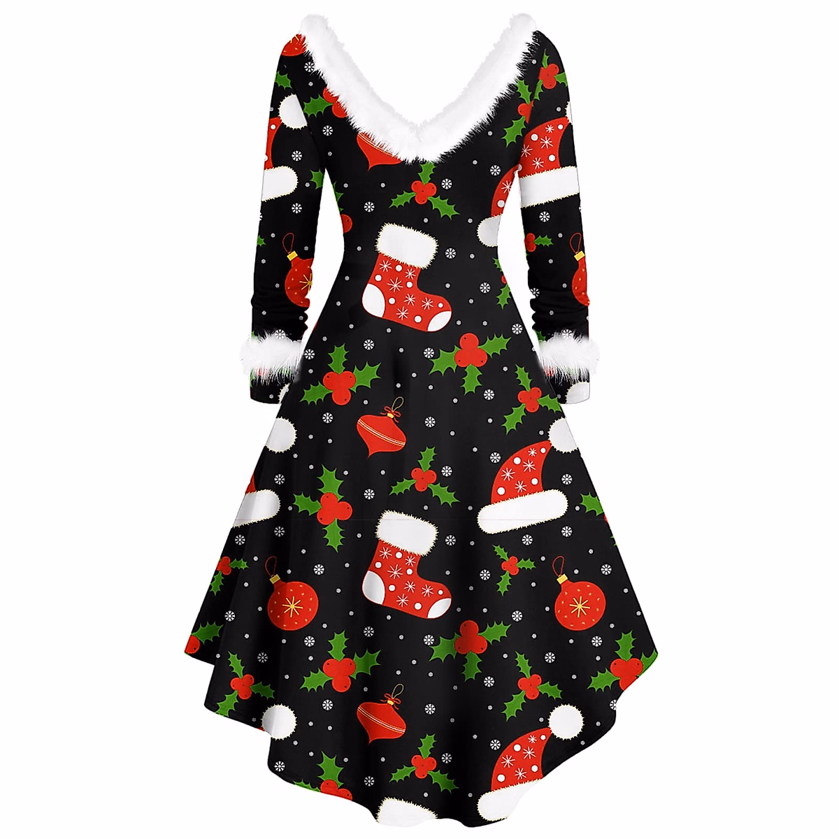 Red Dresses for Women Sexy Santa Christmas Printed Midi Dresses Furry V-Neck A-Line Swing Party Dress Cosplay Costume