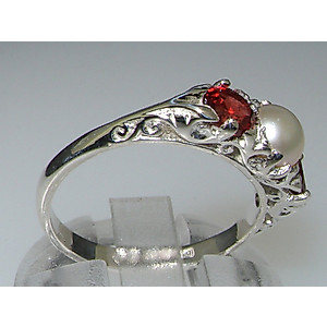 LetsBuyGold 925 Sterling Silver Cultured Pearl and Garnet Womens Band Ring - Size 7