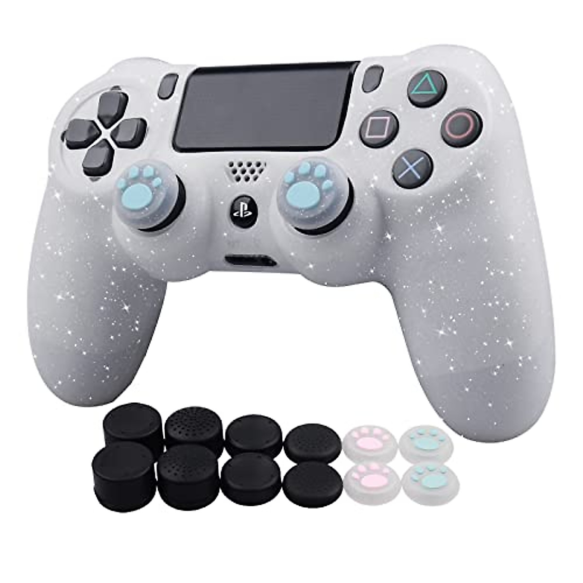 Ralan Controller Skin for PS4 Slim/Pro - Glitter Anti-Slip Silicone Cover - Compatible with PS4 Wireless/Wired Gamepad - 4 Cat Paw Thumb Grip Caps & Black Pro Thumb Grip x 8