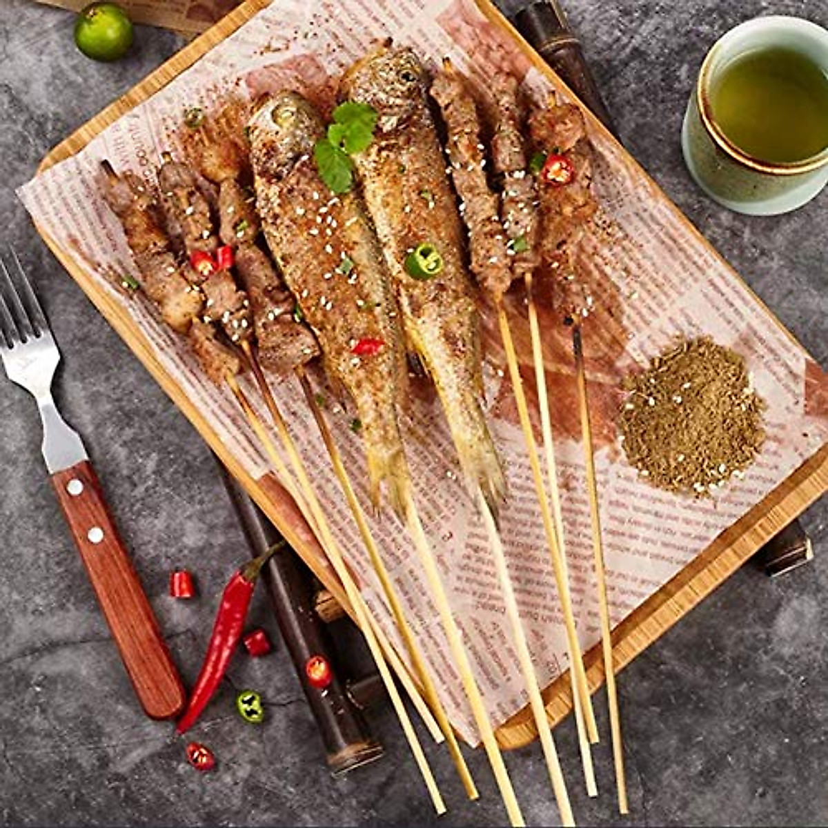 Fu Store Bamboo Skewers, 8 Inch Bamboo Sticks 100pcs BBQ Kabob Skewers,Grill, Appetizer, Fruit, Corn, Chocolate Fountain, Cocktail, Art, Set of 100 Pack,with Free 10 Pairs of Gloves