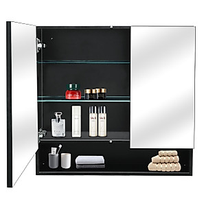 HESONTH Farmhouse Black Metal Framed Surface Mounted Bathroom Medicine Cabinet with Mirror Rectangle Vanity Mirros Cabinet for Wall with Double Doors