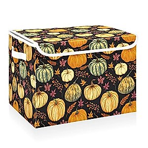 CaTaKu Pumpkins Fall Leaves Storage Bins with Lids and Handles, Fabric Large Storage Container Cube Basket with Lid Decorative Storage Boxes for Organizing Clothes