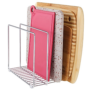 mDesign Metal Wire Organizer Rack for Kitchen Cabinet, Pantry, Shelves - Organizer Holder, 3 Slots for Skillets, Frying Pans, Lids, Cutting Boards, Vertical or Horizontal Placement, 2 Pack - Chrome