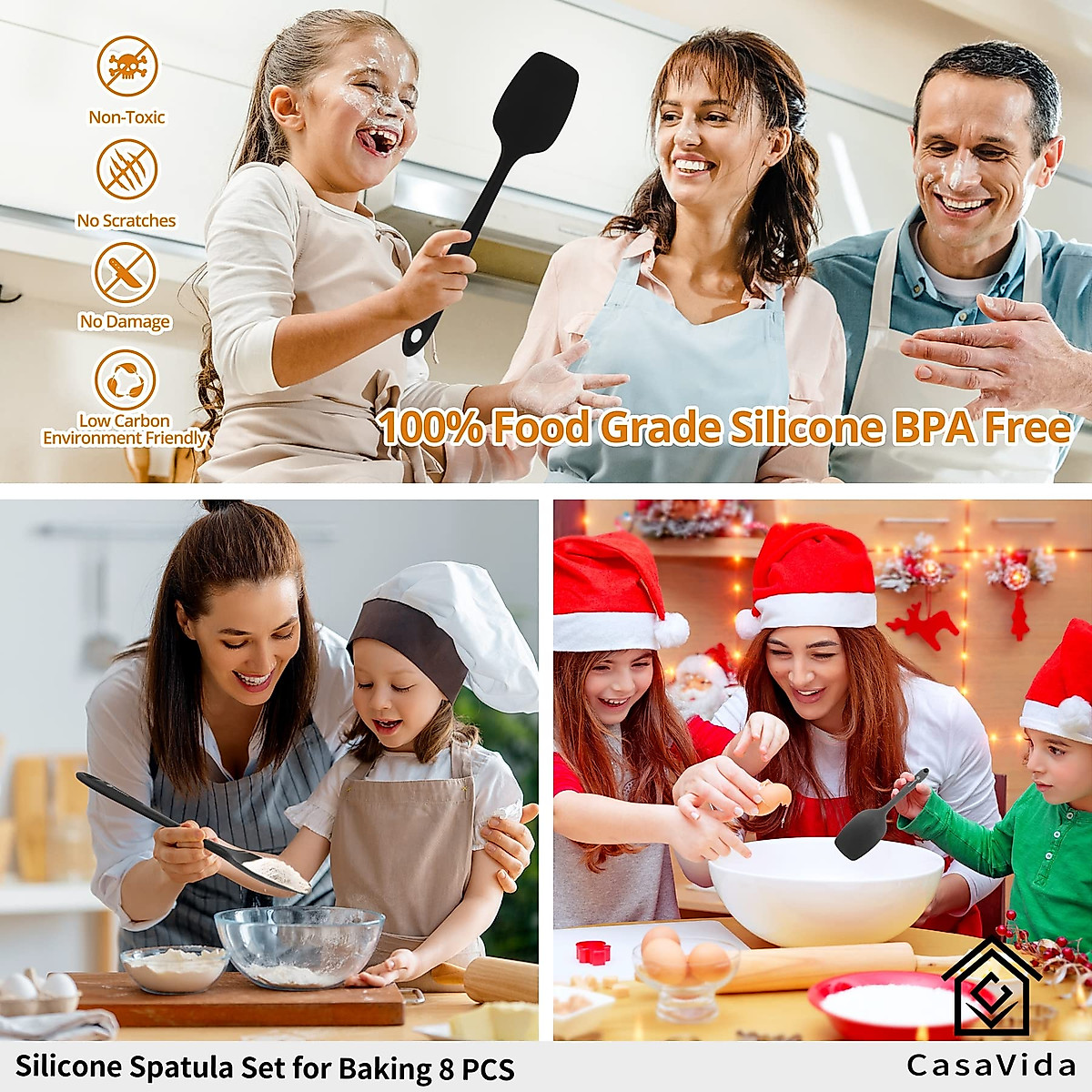 CasaVida Silicone Spatula Set One-piece Seamless High Heat Resistant Non Stick Bakery Spatula Sets Flexible BPA Free Dishwasher Safe Kitchen Utensils Bakeware Cookware Cooking Baking Mixing Black 8pcs