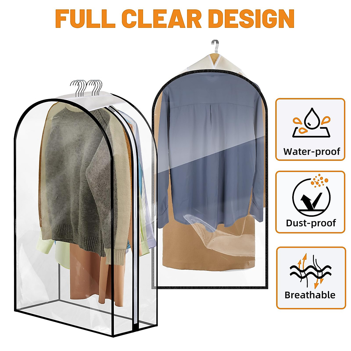 Dntorx 4 Pack Full Clear Garment Bags (40&50"), Clothes Covers with 10" Gusseted, Clear Bags for Hanging Clothes, Suit Bags, Coat Covers for Closet with Side Zip for Coats, Jackets, Windbreaker, Dress