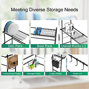 GSlife Over The Sink Dish Drying Rack Stainless Steel 2 Tier Dish Rack Above Kitchen Sink Shelf Durable Dish Drainer, Black