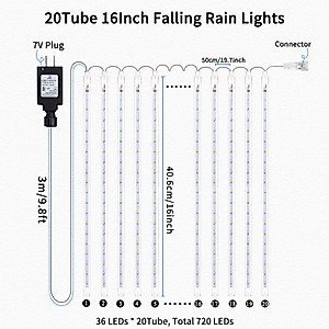 Blingstar Meteor Shower Lights 16Inch 20Tubes 720LED Christmas Outdoor Waterproof Falling Rain Extendable Cascading Icicle for Indoor Outside Xmas Halloween Tree Decor, Cool White