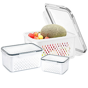 Mochalight 3Pcs Refrigerator Fresh Storage Containers Double-Layer Organizer,2 in 1 Fruit Vegetable Storage Containers Double-Layer Draining Fresh Box for Kitchen Refrigerator