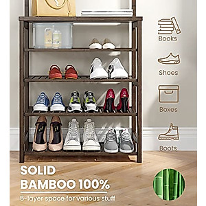 SEIRIONE 5-Tier Coat and Shoe Rack for Entryway Organizer, Freestanding Hall Tree, Mudroom Storage Organization Furniture, 5 Hanger Hooks, Upper Shelf, Solid Bamboo, Stylish Appearance