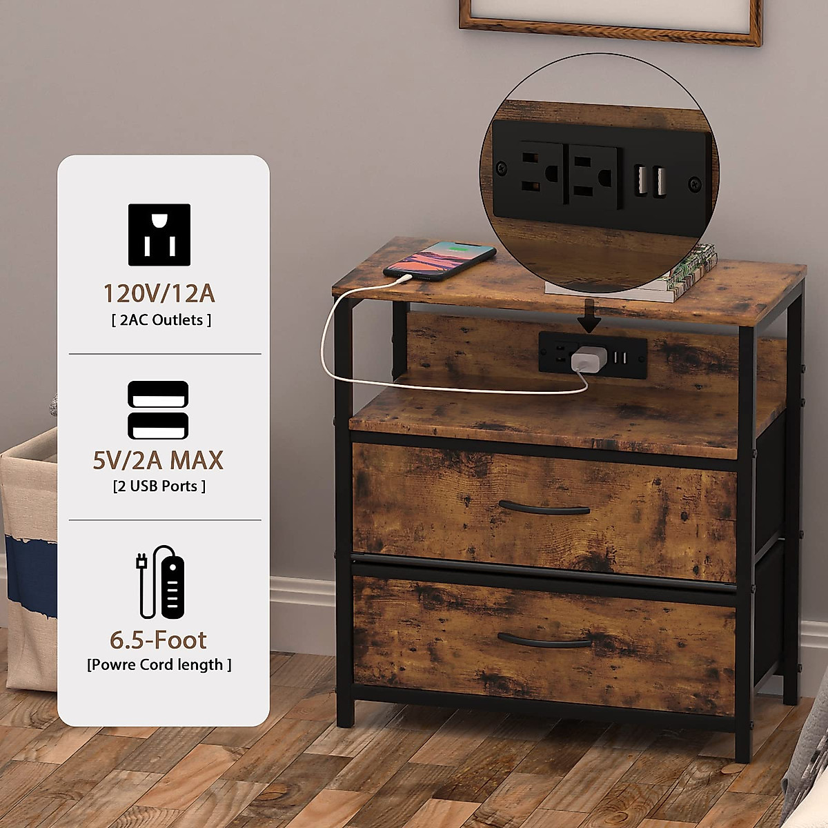 PONROL Rustic End Table with Charging Station & USB Ports, Entryway Narrow Side Sofa Table for Living Room, Nightstand with Fabric Drawer Storage Shelf for Bedroom, 23”L*11”W*25”H, Brown