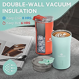 SANTECO Travel Coffee Mug 12 oz, Insulated Coffee Cups with Flip Lid, Stainless Steel Coffee Mugs Spill Proof, Double Wall Vacuum Tumblers, Reusable To Go Mug for Hot/Ice Coffee Tea - Green