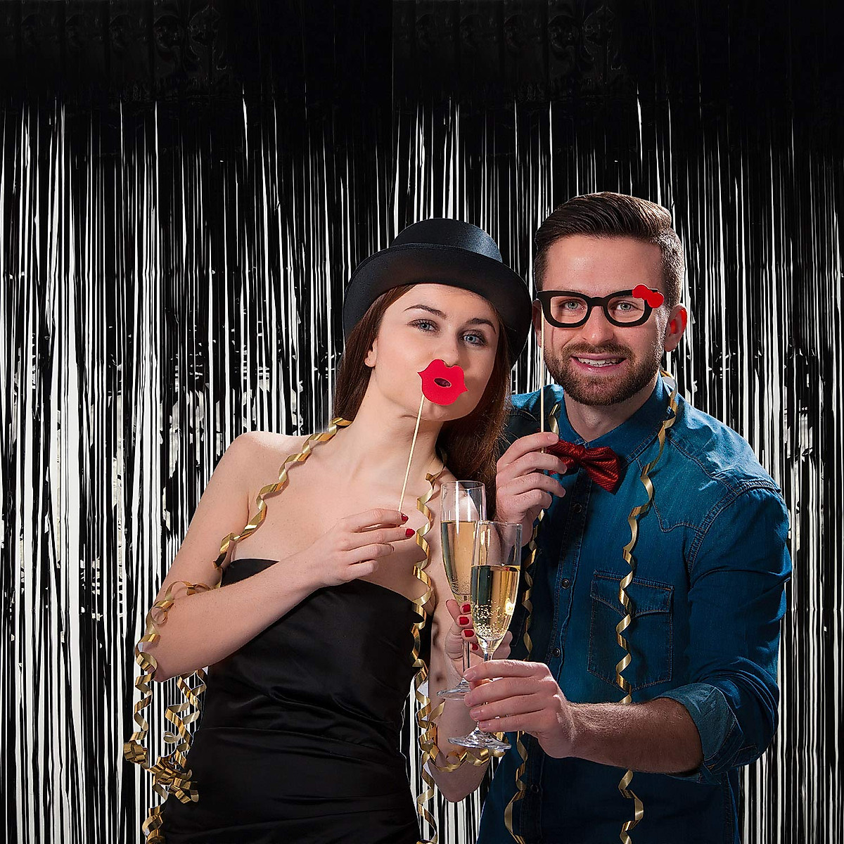 TUPARKA 3 Pcs Foil Curtains Photo Backdrop Props Shimmer Curtain for Halloween Haunted House Party Decorations (Black)