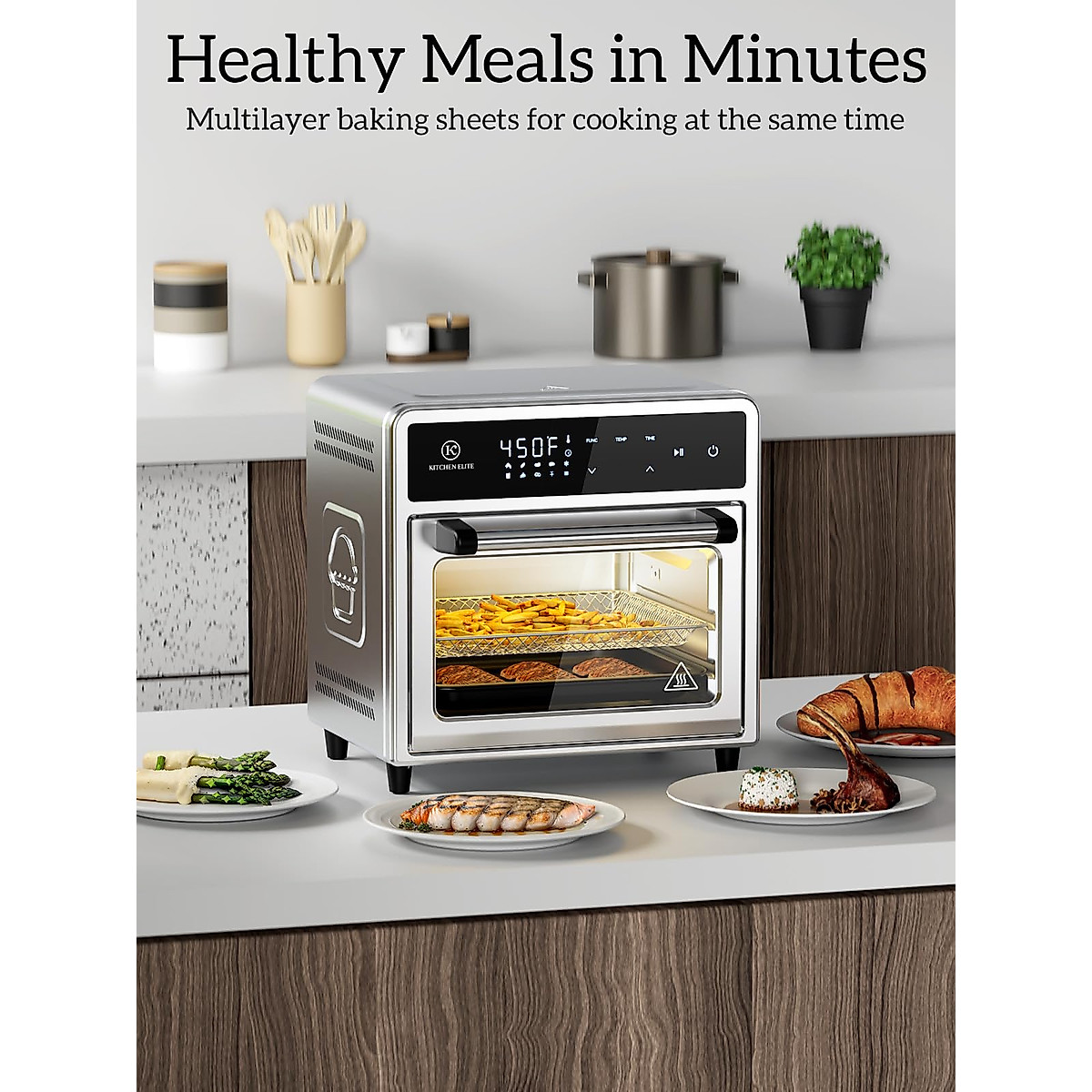 Air Fryer Toaster Oven Combo,10-in-1 12.6QT Compact Countertop Oven,9 Touch Screen Presets & 1 DIY Function,Easy Digital Controls,4 Accessories Included,Stainless Steel,Kitchen Elite