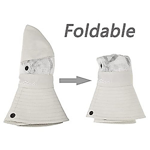 Womens Summer Sun-Hat Outdoor UV Protection Fishing Hat Wide Brim Foldable-Beach-Bucket-Hat with Ponytail-Hole Beige