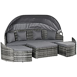 Outsunny Outdoor Daybed with Retractable Canopy 4 Pieces Wicker Rattan Sectional Sofa Set Patio Furniture with Washable Cushions for Lawn, Garden, Backyard, Poolside, Grey