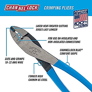 Channellock 909 9.5-Inch Wire Crimping Tool | Electrician's Terminal Crimp Pliers with Cutter are Designed for Insulated and Non-Insulated Connections