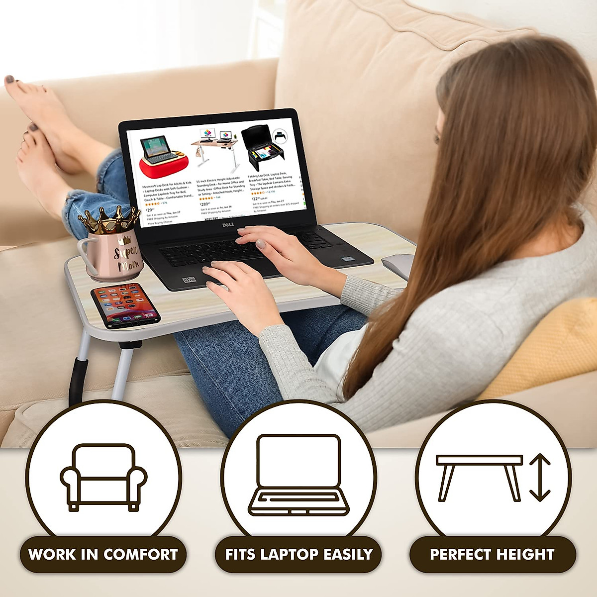 Folding Lap Desk for Bed and Sofa - Portable Wide Surface Bed Desk with Built-in Cup Holder and Tablet or Phone Slot for Working, Studying, Eating, and Watching Movies (Beige)