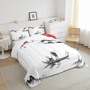 Japanese Ukiyoe Theme Comforter Set Hokusai Pattern Bedding Set Japanese-Style Comforter White Quilted Duvet Set for Kids Boys Girls Full