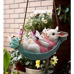 Usupgift Pink Swing Rabbit Garden Statues Cute Rabbit Figures Tree Hanging Sculpture (8.9"X4.3"X 3.9") for Outdoor Décor Garden Patio Yard Lawn
