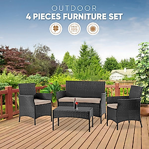 NChanmar Patio Furniture Set, 4 Pieces Outdoor Furniture Rattan Chair, Patio Table and Chairs Set, Wicker Sofa for Yard,Pool and Backyard, Red