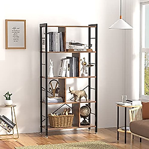 VECELO Home Office 5-Tier Bookshelf and Chair Set, Industrial Book Shelf with Ergonomic Lumbar PU Padded Chairs for Task Work, Black and Brown