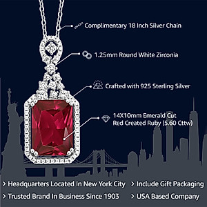 Gem Stone King 925 Sterling Silver Red Created Ruby Pendant Necklace For Women (5.60 Cttw, Emerald Cut 14X10MM, with 18 Inch Silver Chain)