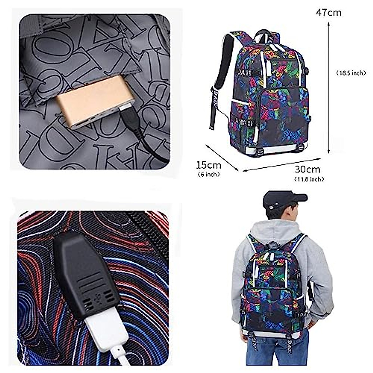 Basketball Superstar Letter Bro Laptop Backpack Youth Travel Bag Students Waterproof Schoolbag (G)