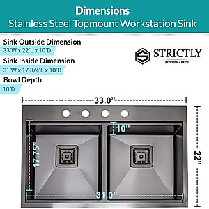 Strictly Sinks 33 inch Topmount Kitchen Workstation Sink Gunmetal Black 5050 Double Bowl 16 Gauge Stainless Steel Drop In Scratch, Stain Resistant Colander, Cutting Board & Bottom Protector Grid