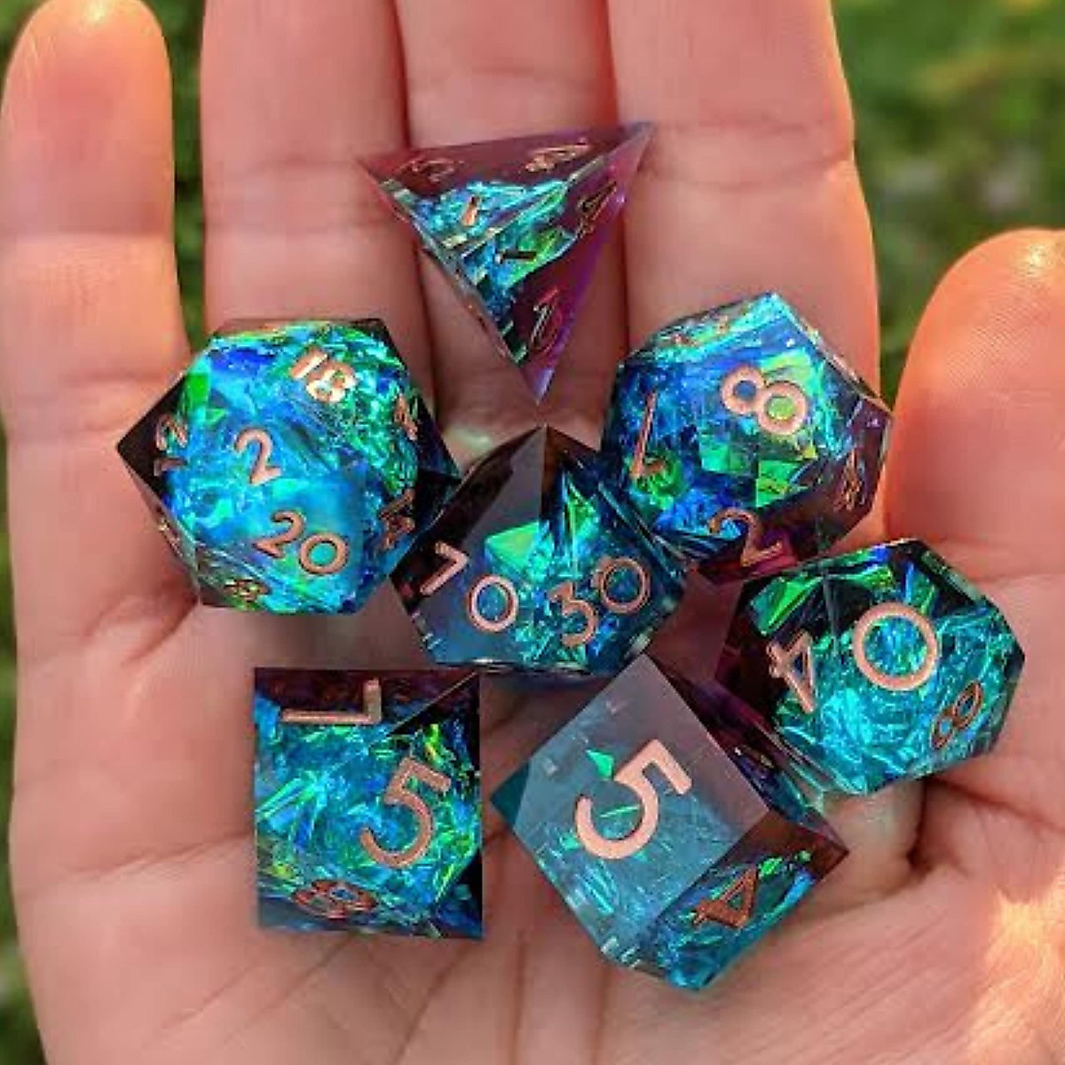 FOXBITE Sharp Dice 7 DND Dice Sets Polyhedral Teal Swirl Black with Sequins Inside with Gorgeous Box Case for DND Dungeons and Dragons (Teal Swirl Black with Sequins) (Fairies)