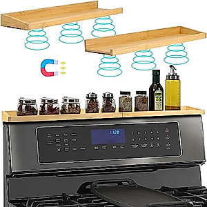 Magnetic Stovetop Shelf, Bamboo Stove Shlef Rack for Spice Storage, Over Stove Top Shelf Organizer for Kitchen, Natural Over Stovetop Oven Shelf Spice Rack Above The Stove 15" X 2 Pack, 30" Length