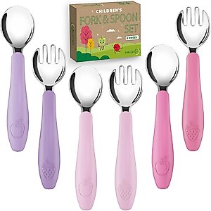 CHILLOUT LIFE Toddler Utensils, Kids Silverware with Silicone Handle, Stainless Steel Metal Toddler Forks and Spoons Safe Baby Cutlery Set for Self Feeding BPA Free Dishwasher Safe