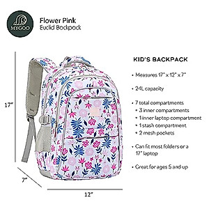 MYGOO Kids Backpack for Girls | Educational Backpack for Youngster | Euclid Collection | 17" tall | Flower Pink