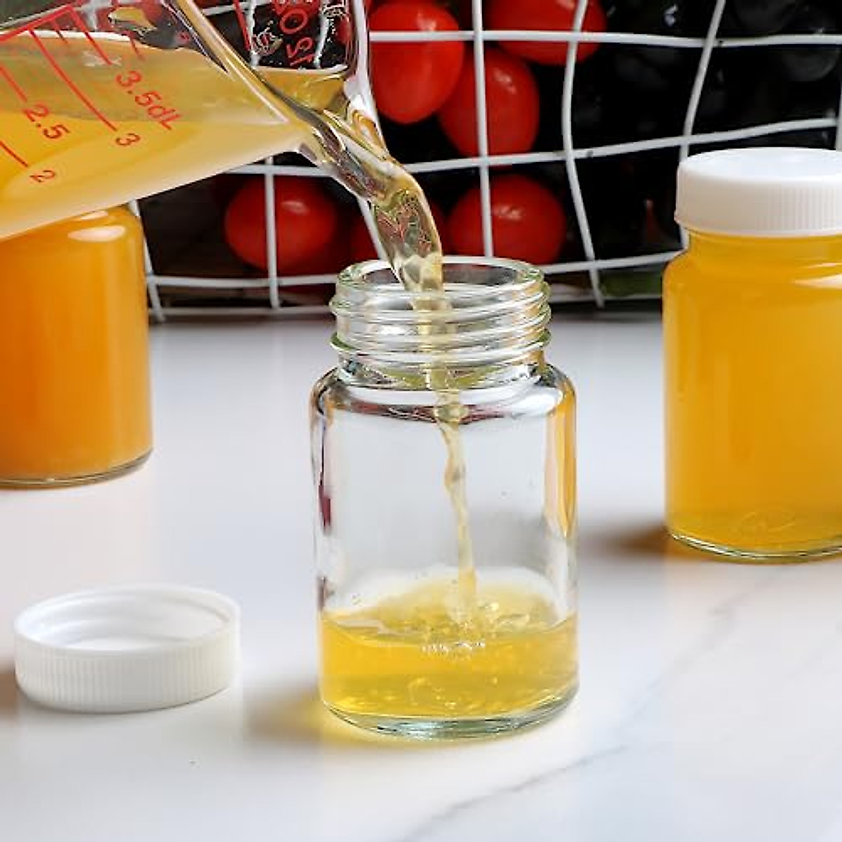 Woaiwo-q 24 Pack 2 oz Glass Shot Bottles w/White Lids - Small Clear Jar for Ginger Shot, Juice, Sample, Whiskey - Travel Essentials Mini Bottles - Wide Mouth, Leakproof…