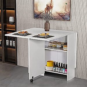 DINAZA Folding Dining Table Drop Leaf Table for Small Spaces with 2 Tier Storage Racks Multifunction Space Saving Table Extension Dinner Table for Kitchen Living Room