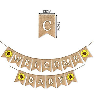 SWYOUN Burlap Welcome Baby Banner with Sunflower Baby Shower Supplies Garland Decoration