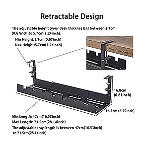 Expandable Under Desk Cable Management Tray, Max Load 22lbs, Clamp Mount, Super Sturdy Metal, No Drill, Cord Organizer for Home and Office, Black