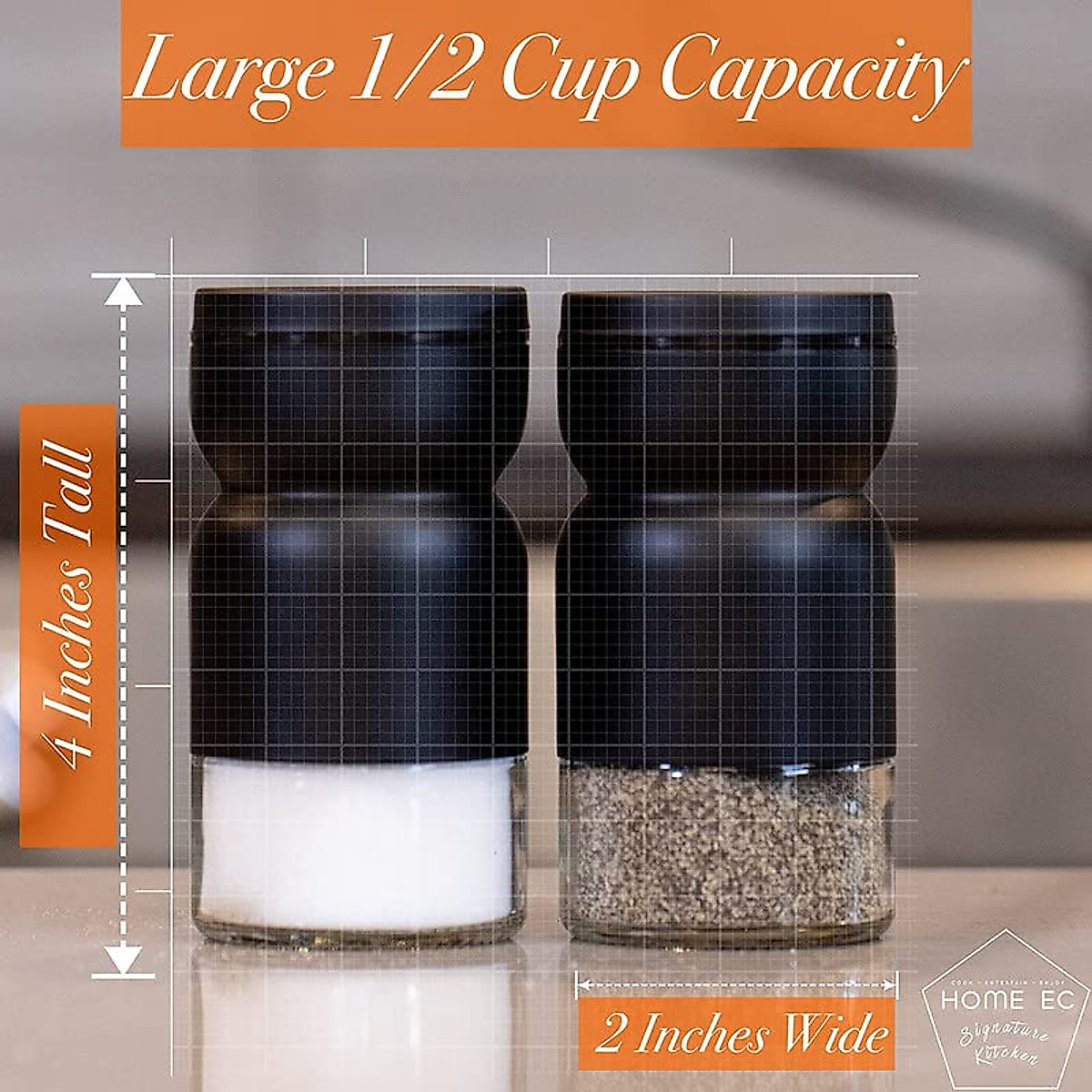 HOME EC Glass Salt and Pepper Shakers Set with Adjustable Pour Holes - Stainless Steel Salt Shaker and Pepper Shaker - Farmhouse Salt and Pepper Shaker Set for Himalayan, Kosher Sea Salts & Spices