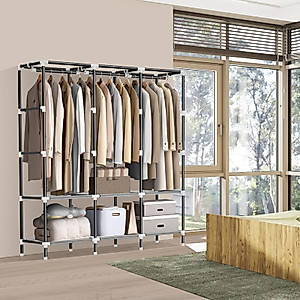 LOKEME Wardrobe Closet,Portable Closet for Bedroom Steel Pipe Diameter 19mm Strong and Sturdy Black Portable Closets for Hanging Clothes with 3 Hanging rods, 6 Storage Shelves and Side Pockets