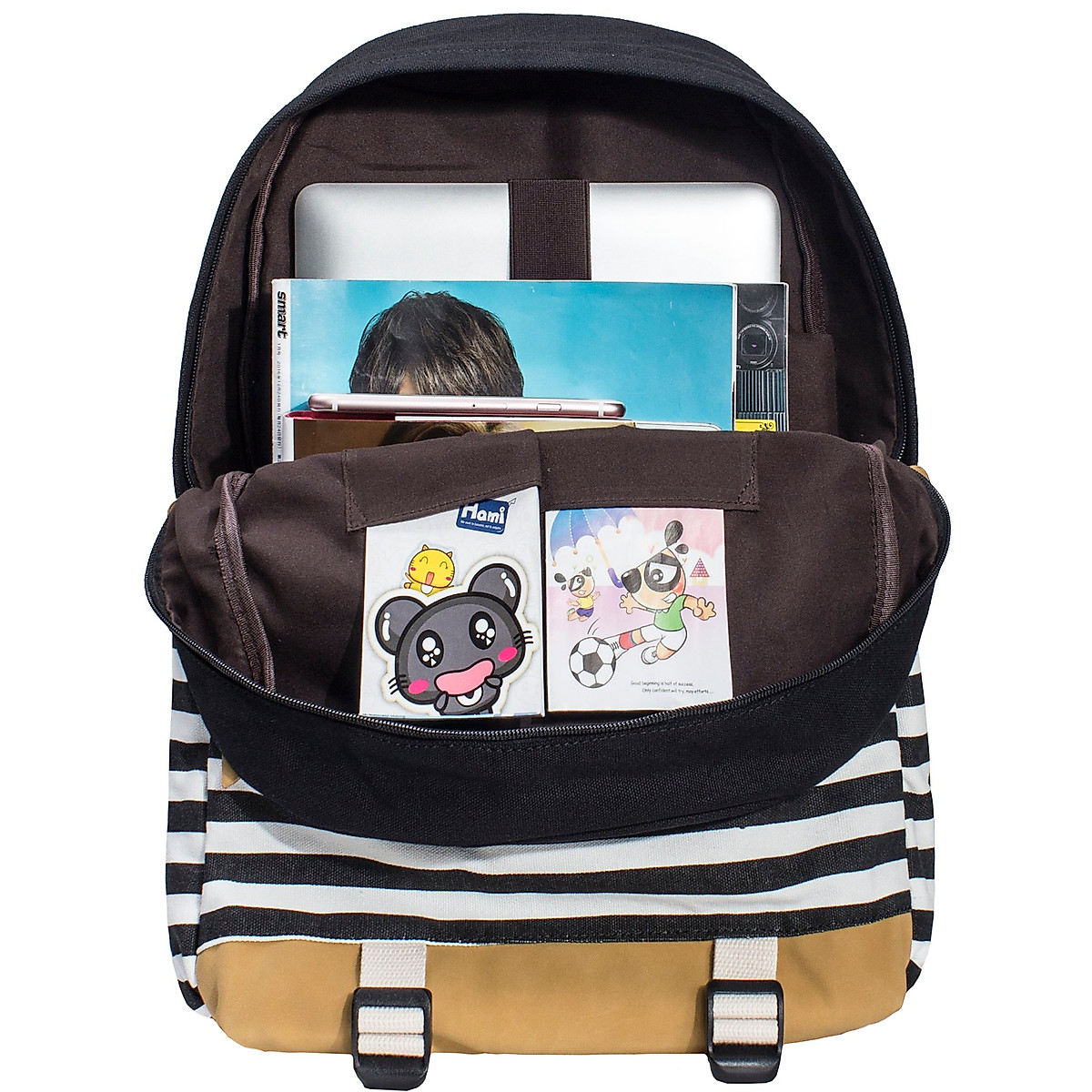 Leaper Navy Style School Laptop Backpack Girls Striped Canvas Bookbag Black