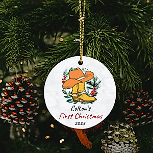 MeMate Personalized Babys First Christmas 2023 Ceramic Ornament, Western Baby's 1st Christmas Ornaments Keepsake, Cowboy Baby Name Ornaments, Christmas Decoration for Newborn